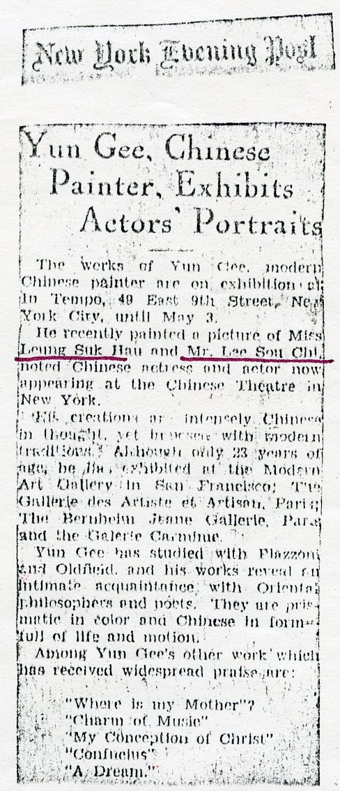 Yun Gee, Chinese Painter, Exhibits Actors’ Portraits • New York Evening ...